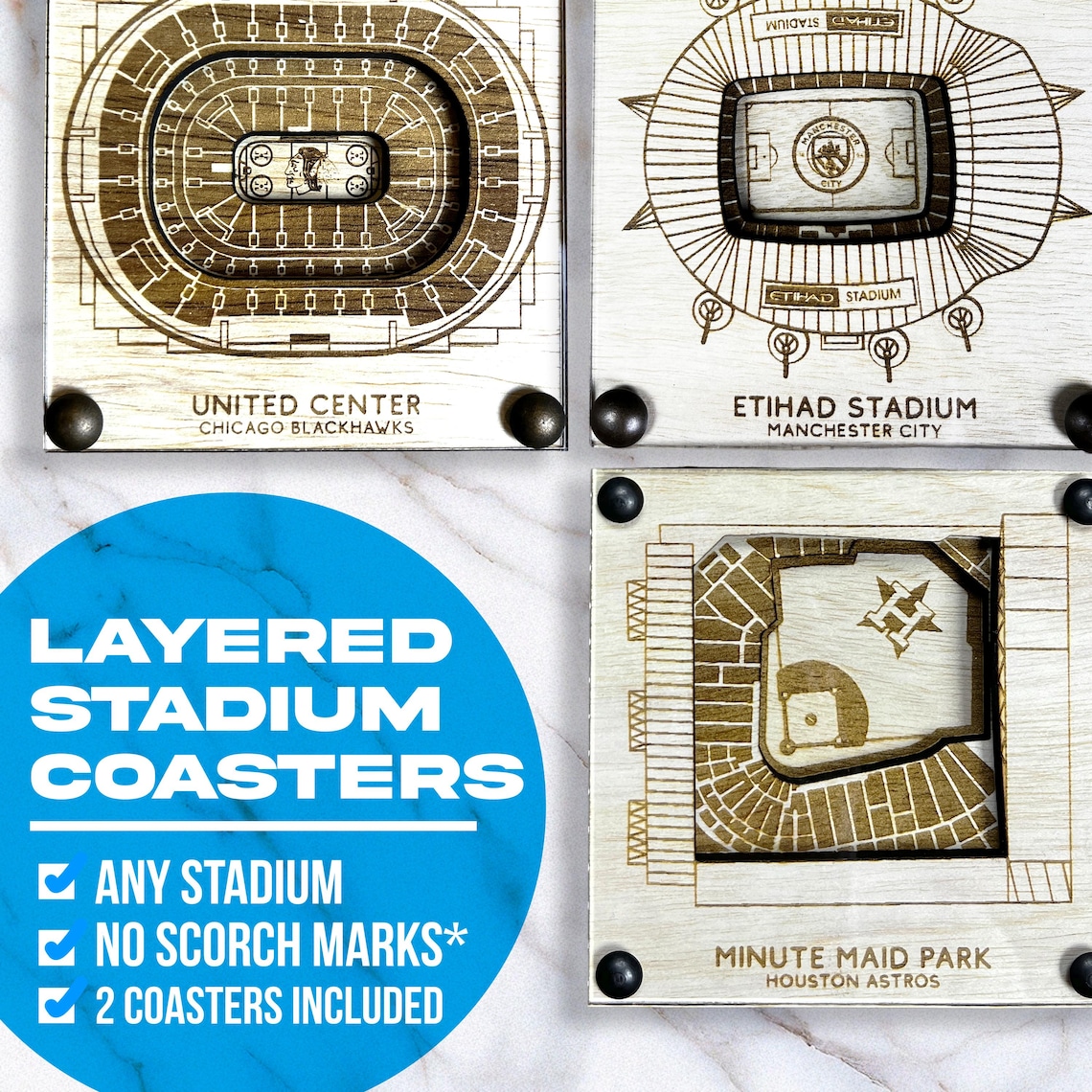 3D Stacked Stadium Coaster - Any Team / Any Stadium - Premium Wood ...