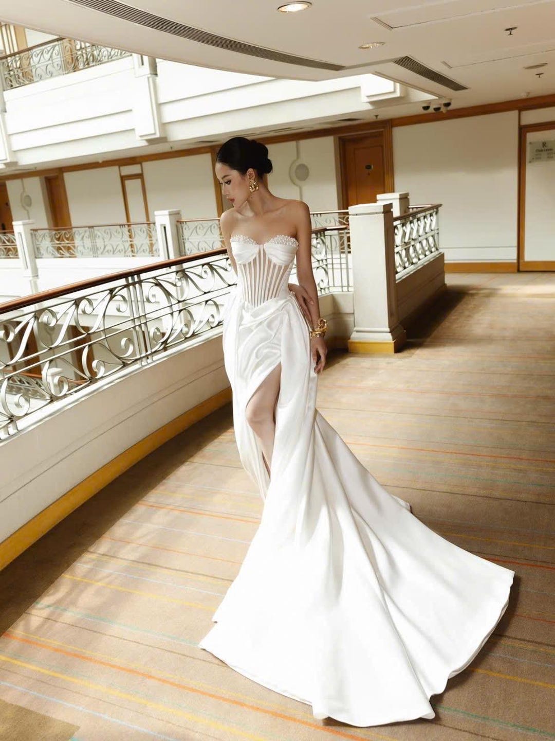 Dramatic Strapless Corset Wedding Gown With High Slit and Flowing Train ...
