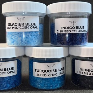 Blue 5 Color Sampler of Bullseye Frit in Labeled Jars -----> Fast Flat ...