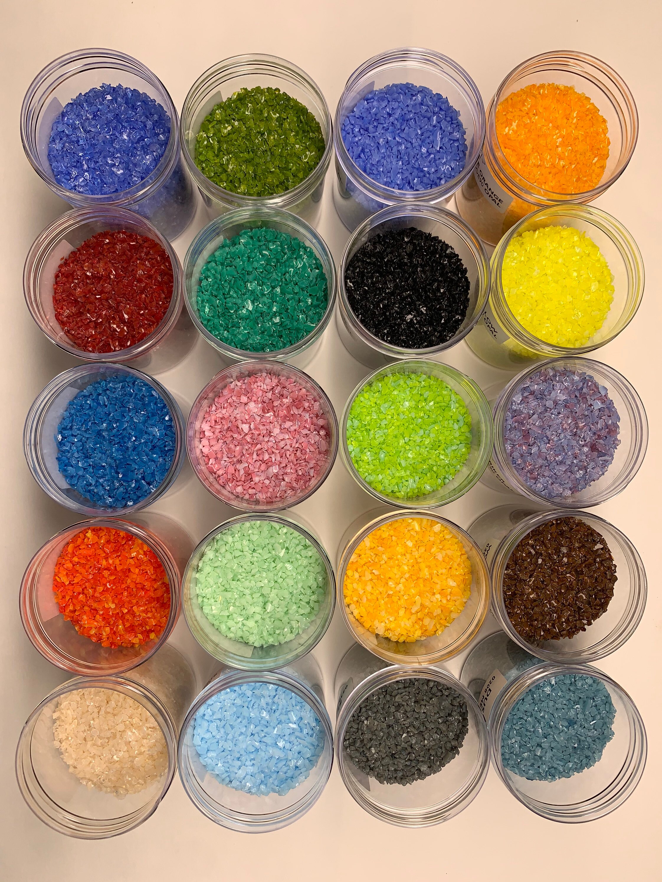 20 Color Opal Bullseye Frit Library. Rainbow Collection in Labeled Jars ...