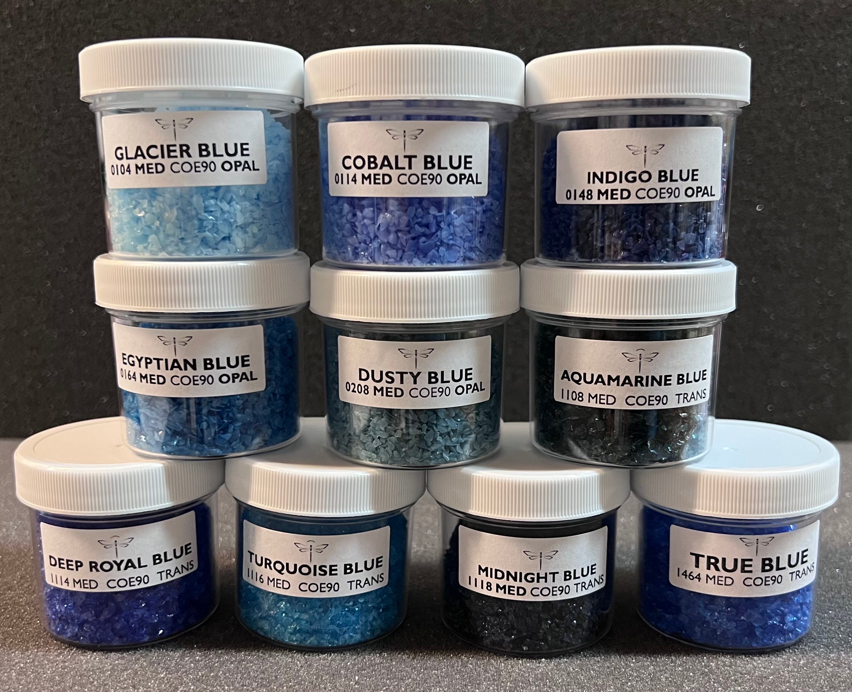 Blue 10 Color Sampler of Bullseye Frit in Labeled Jars -----> Fast Flat ...