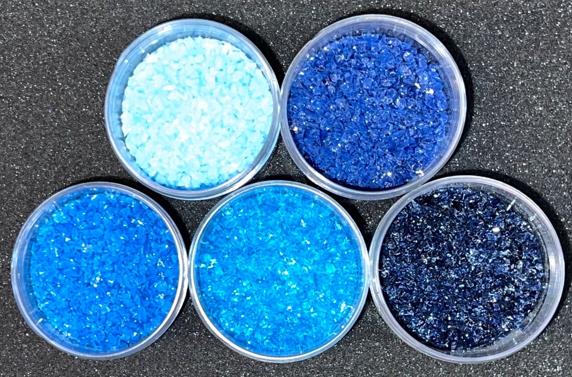 Blue 5 Color Sampler of Bullseye Frit in Labeled Jars -----> Fast Flat ...