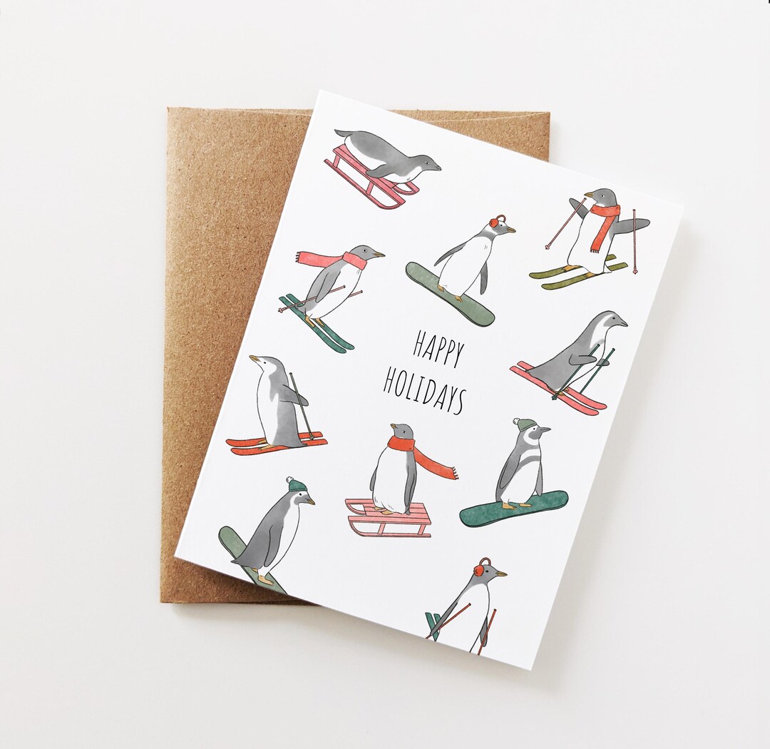 Cute Penguin Christmas Card, Penguins Skiing, Merry Christmas, Fun ...
