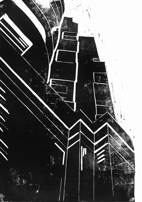 BUILDING LINOCUT PRINT | Etsy