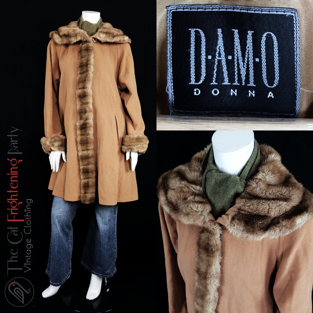 Vintage 90s Swing Coat, Size 10/12/14, Brown Wool Coat, Faux Fur Trim ...