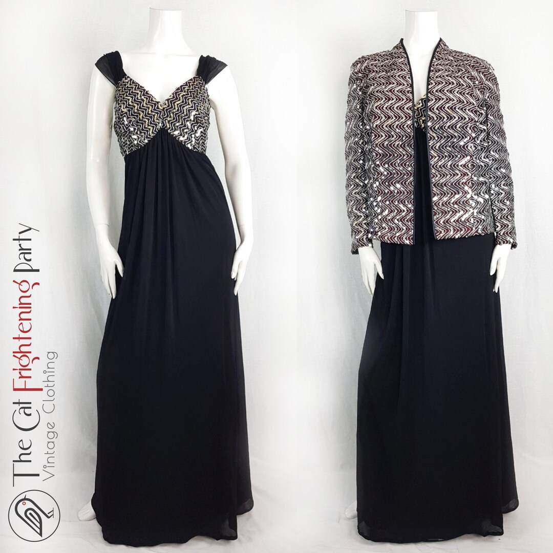 Vintage 1970s Dress, 70s Sequin Maxi, Size 14, Black Maxi, Sequin ...