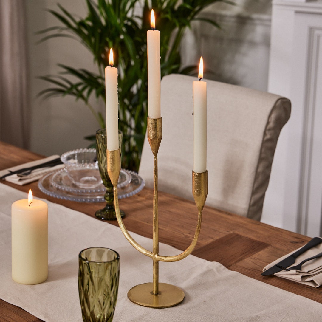 Trident Candelabra Gold Recycled Forged Iron Triple Dinner Candle Taper ...