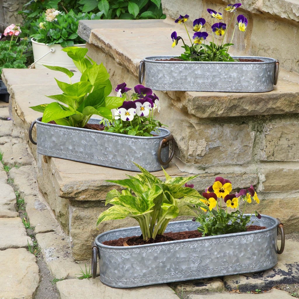 Set of 3 Galvanised Zinc Trough Planters Flower Pot Herb - Etsy UK