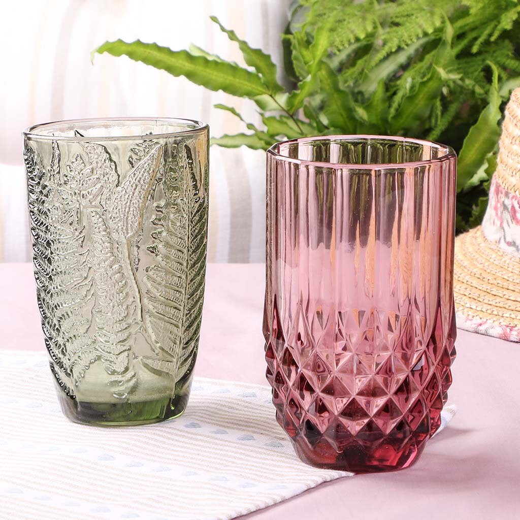 Embossed Glass Tumblers Green Leaf & Pink Diamond Water Juice | Etsy UK