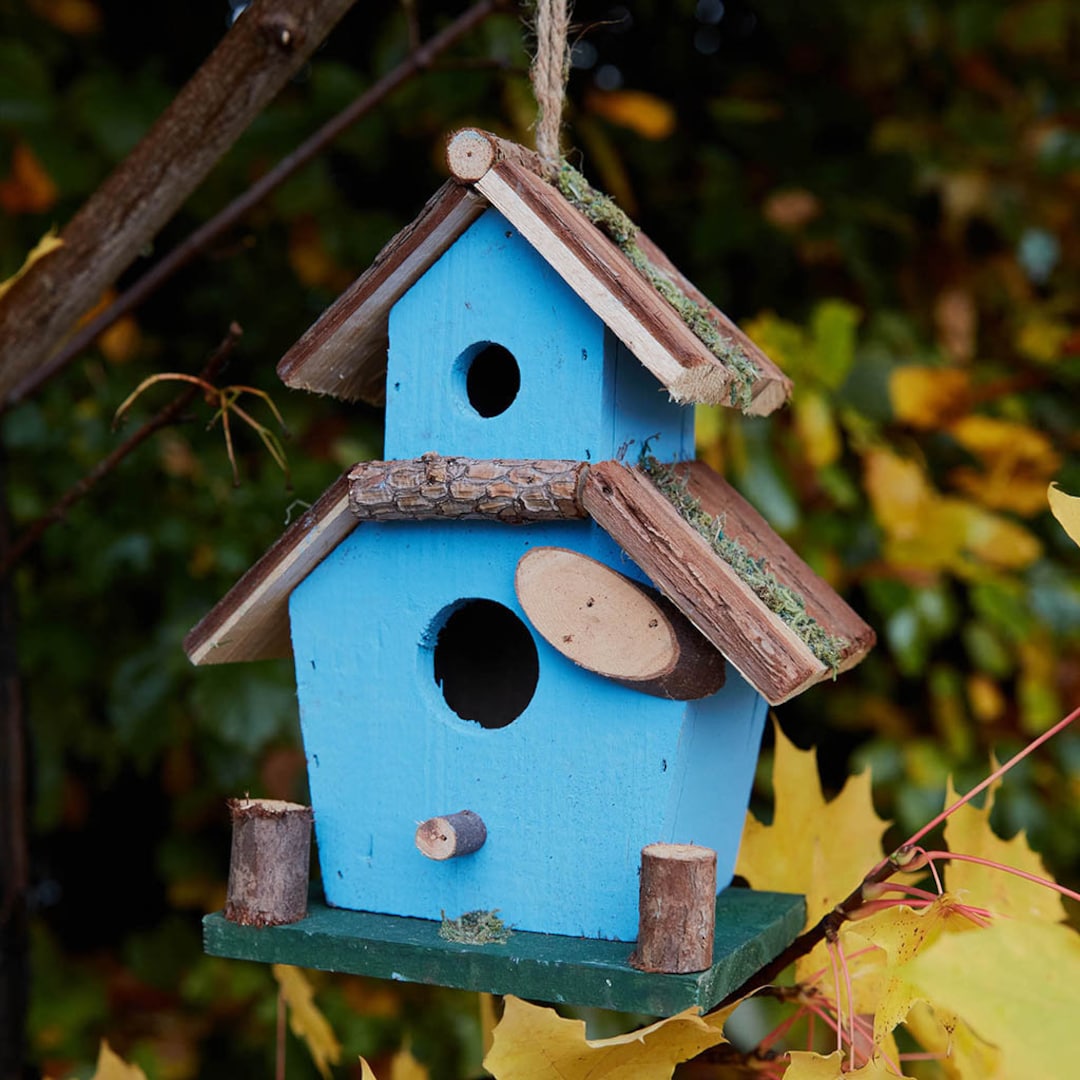 Blue Two Tier Bird House Reclaimed Wood Decorative Garden Bird Nesting ...