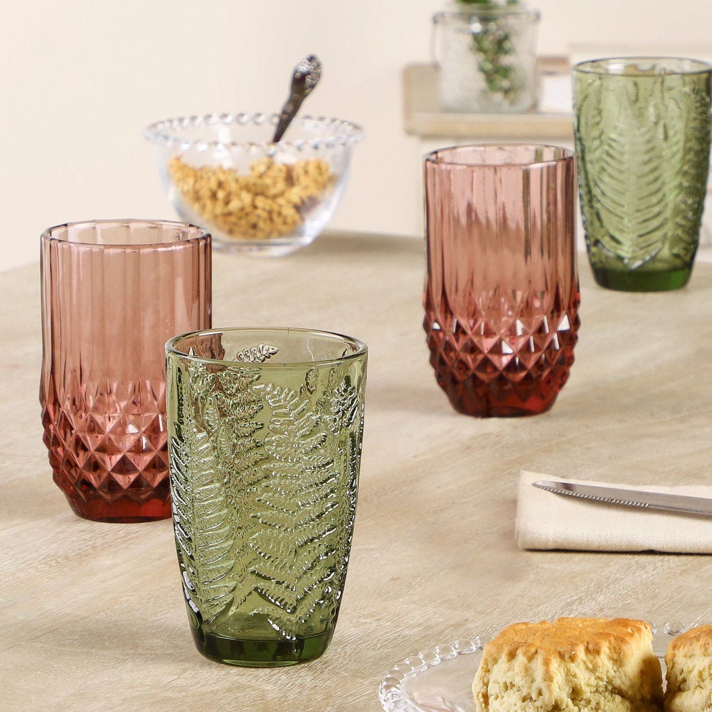 Embossed Glass Tumblers Green Leaf & Pink Diamond Water Juice | Etsy UK