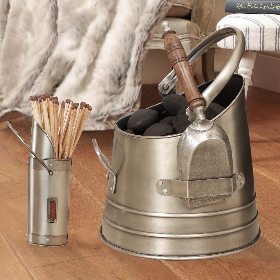 Coal Bucket & Match Canister Set Silver Finish Fireside Recycled Iron ...
