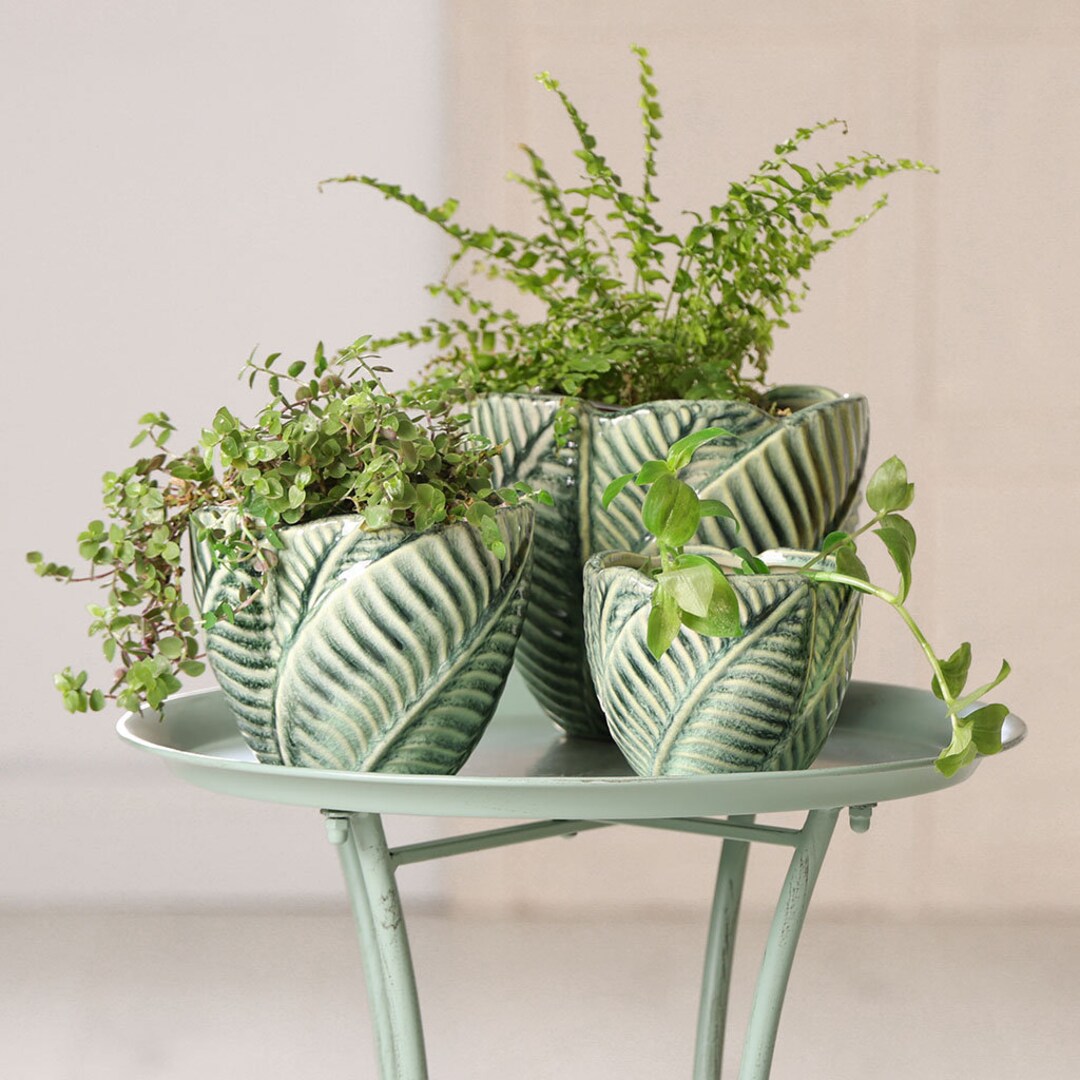 Set of 3 Embossed Leaf Plant Pots Green Hand Painted Vintage Style ...