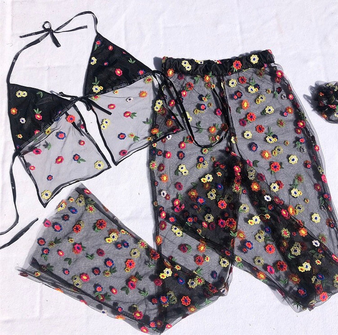 Handmade Mesh Floral Flares, Top and Scrunchie Co-ord Festival Outfit ...