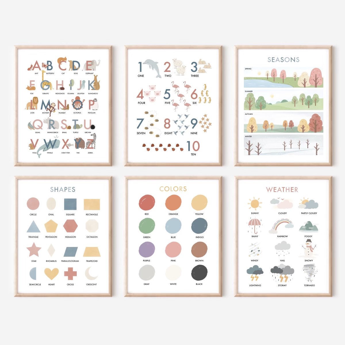 Set of 6 Educational Posters Alphabet Numbers Colors - Etsy Australia