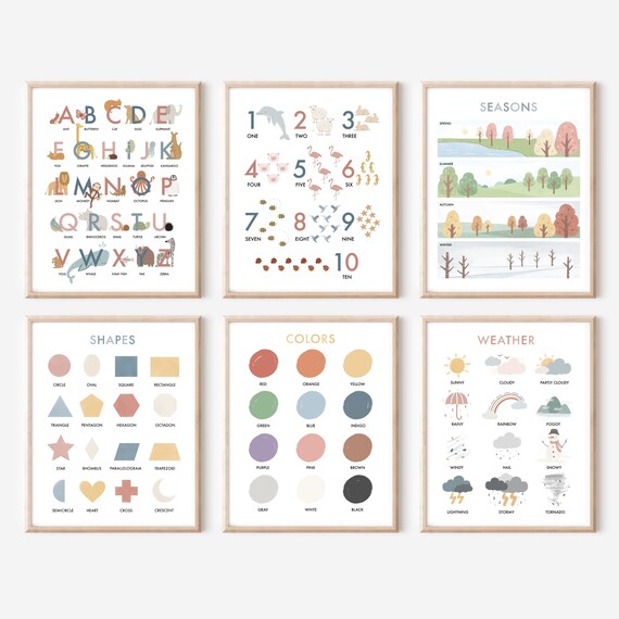 Set of 6 Educational Posters Alphabet Numbers Colors - Etsy