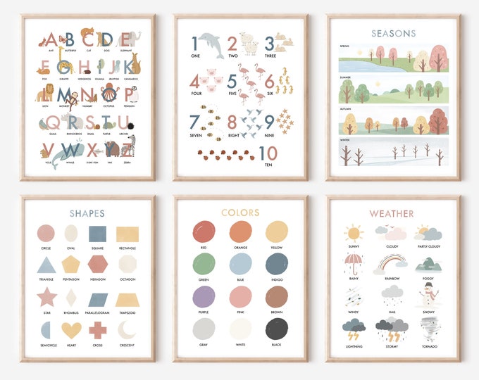 Set of 6 Educational Posters Alphabet Numbers Colors - Etsy