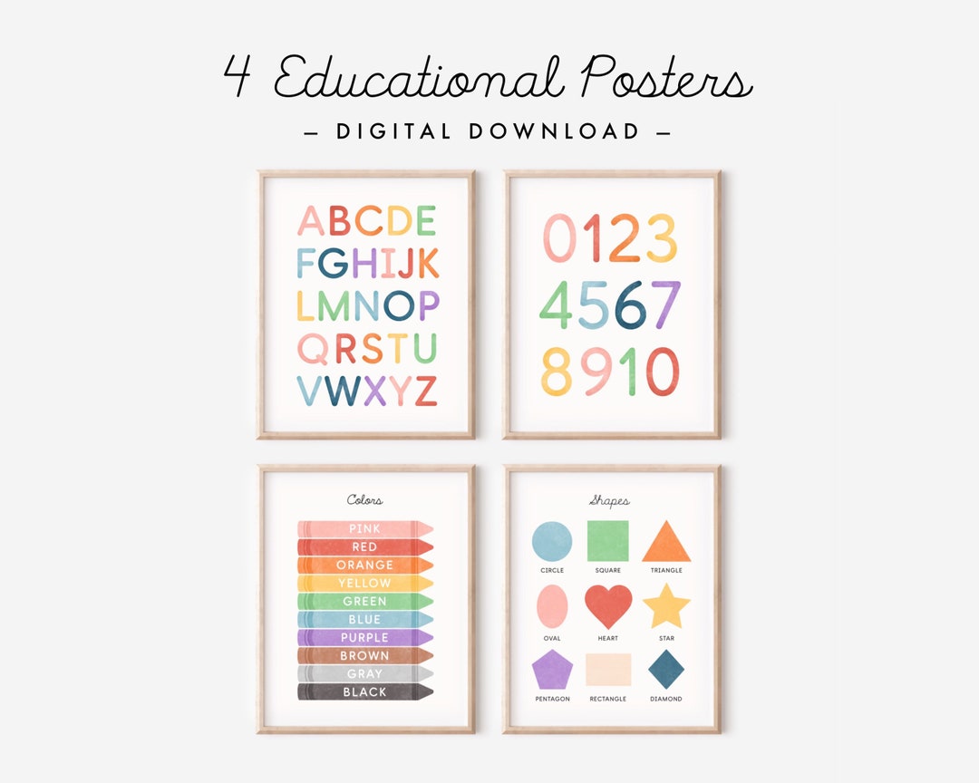 Set of 4 Educational Posters, Digital Download, Alphabet, Numbers 1-10 ...