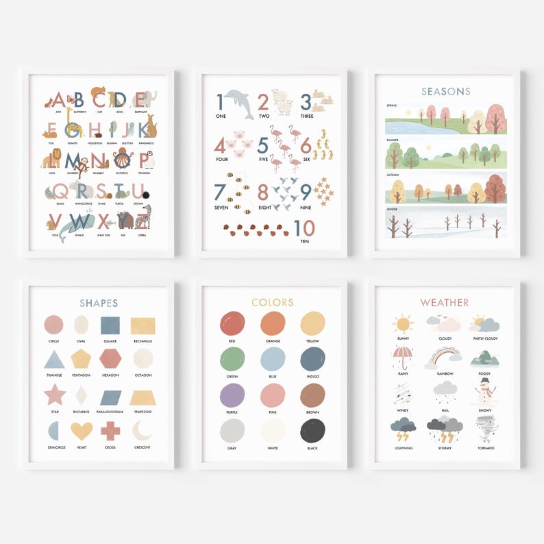 Set of 6 Educational Posters Alphabet Numbers Colors - Etsy