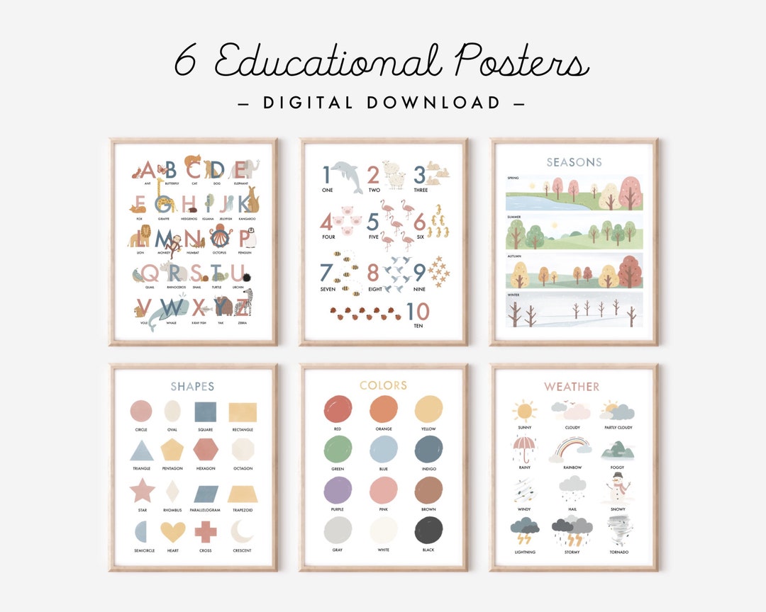 Set of 6 Educational Posters, Alphabet, Numbers, Colors, Shapes ...