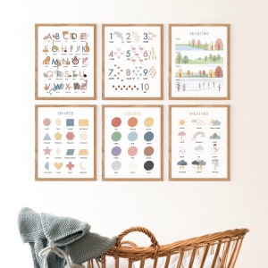 Set of 6 Educational Posters, Alphabet, Numbers, Colors, Shapes ...