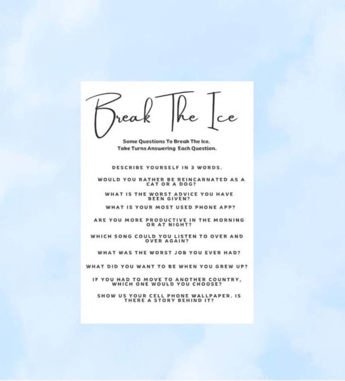 Break the Ice Game: Printable Conversation Starters (digital Download ...