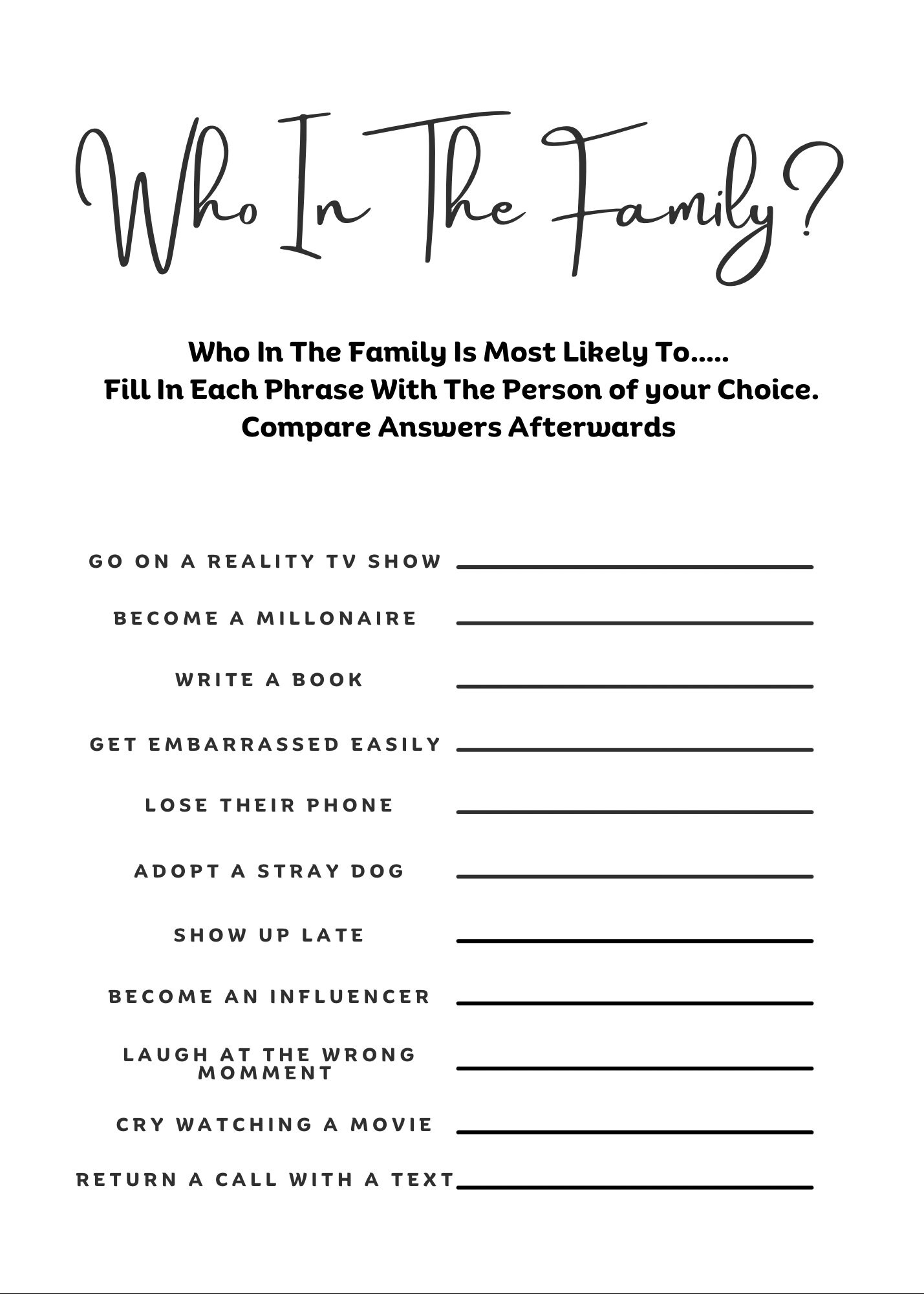 Who in the Family Game Family Reunion Printable Game for the Family ...