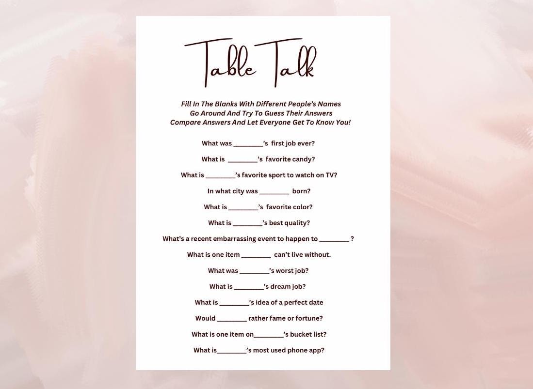 Table Talk Icebreaker Game: Printable Conversation Starters (PDF) - Etsy