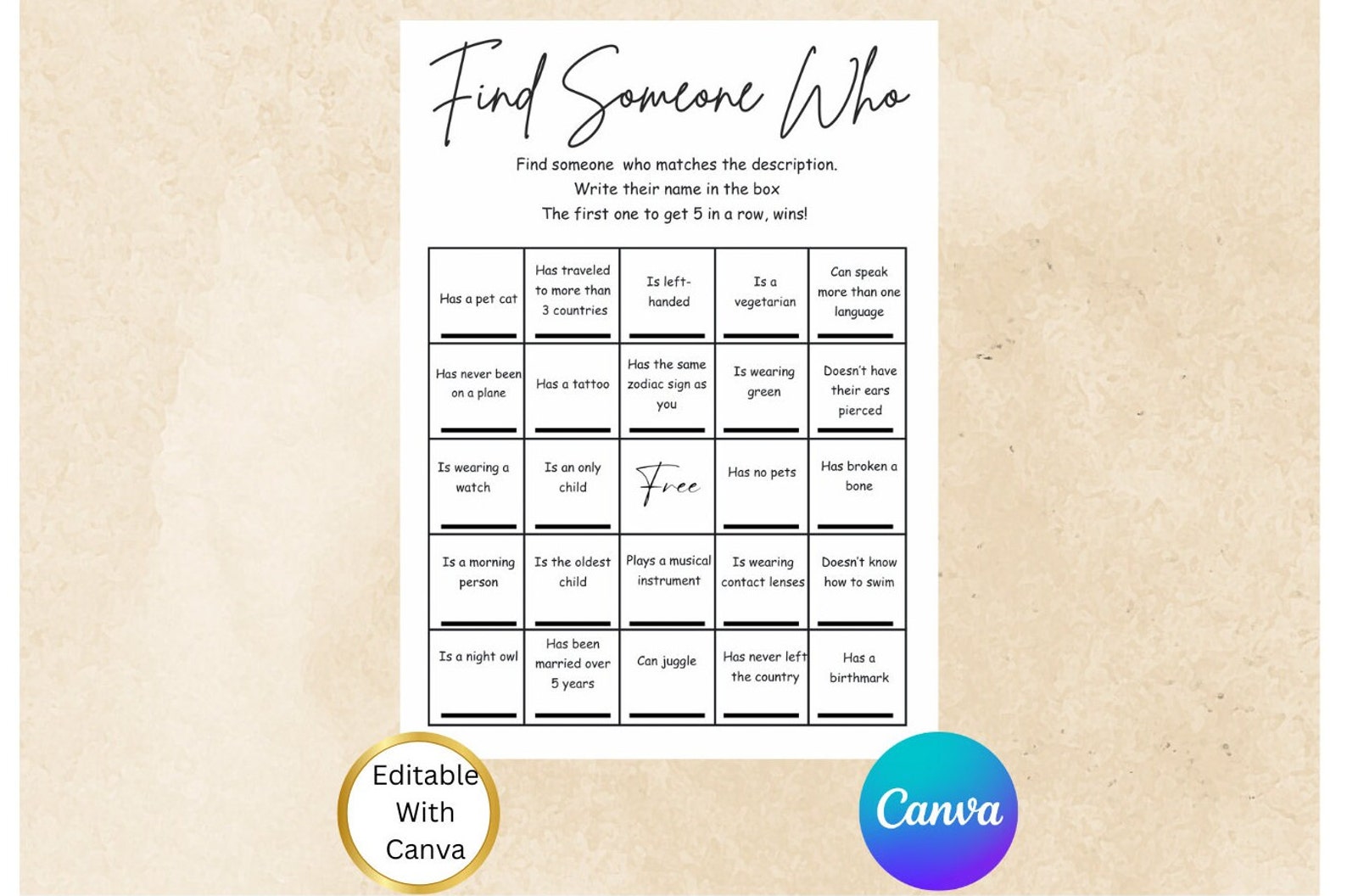 Find Someone Who Bingo Icebreaker: Printable Party Game (PDF) - Etsy