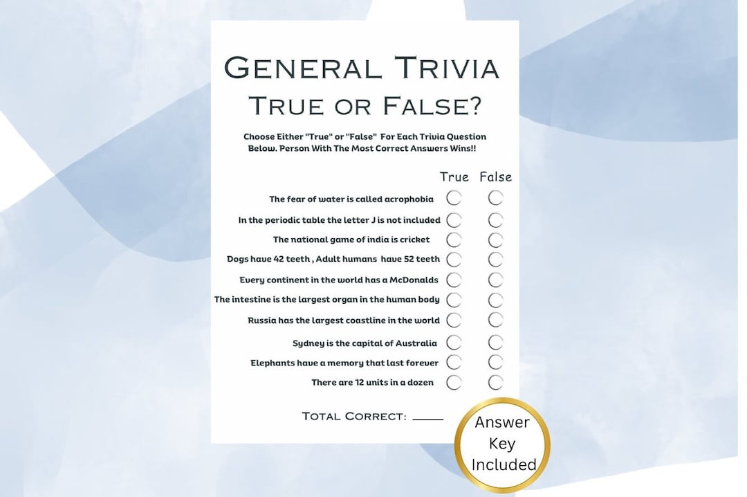 True or False Trivia Printable Icebreaker Game | Trivia Questions | Pub ...