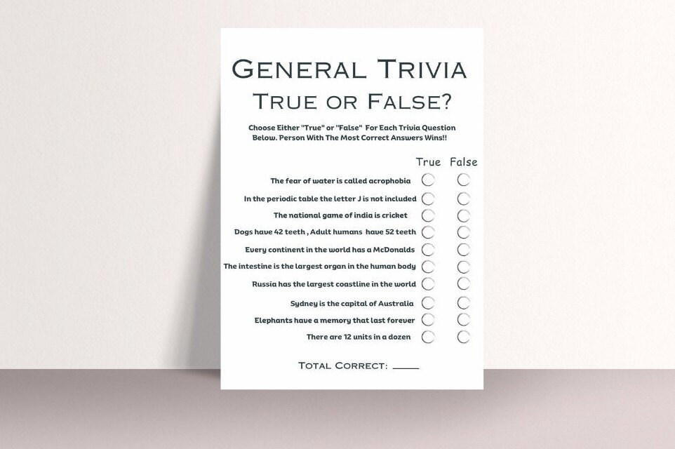 True or False Trivia Printable Icebreaker Game | Trivia Questions | Pub ...