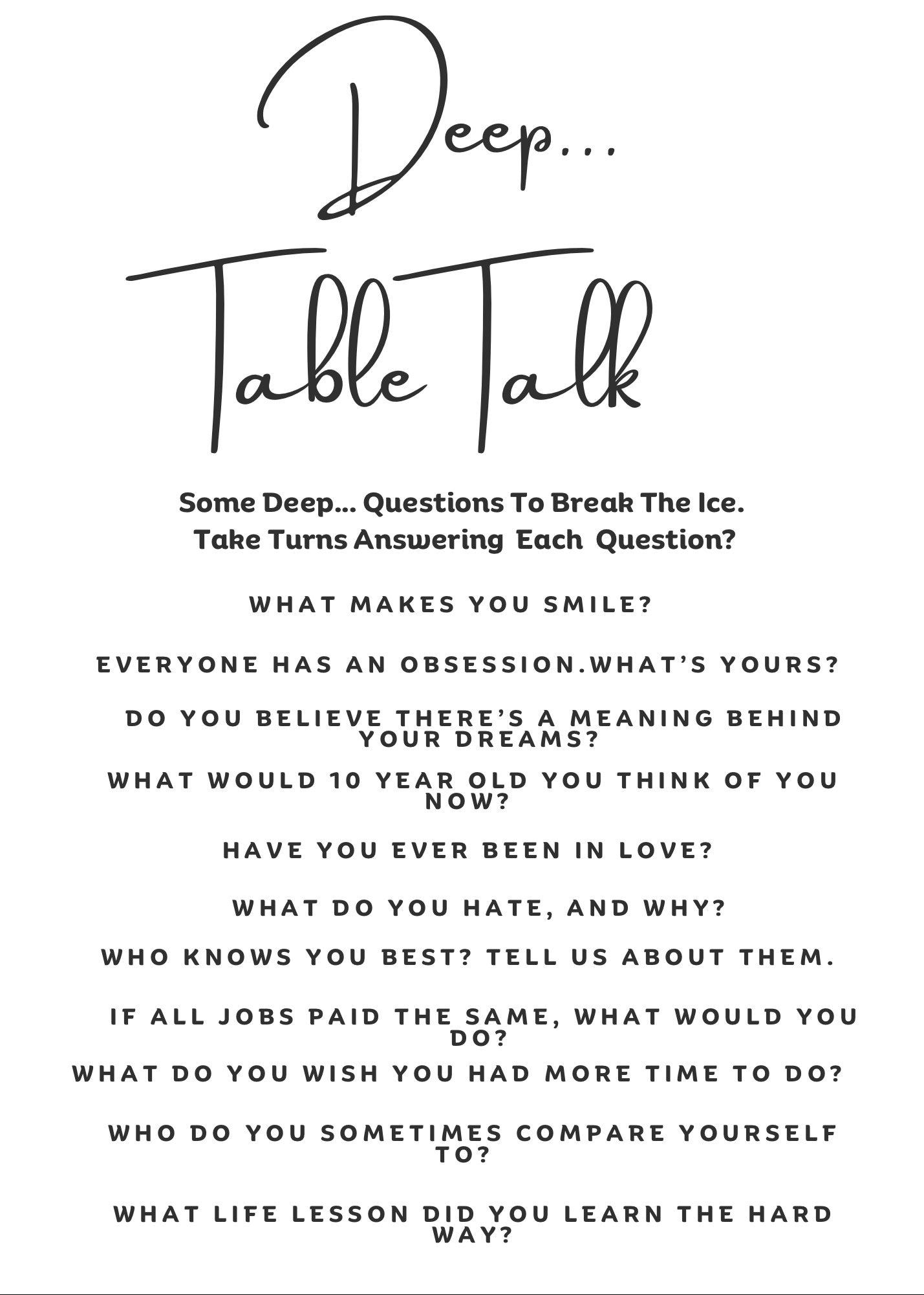 Deep Table Talk Icebreaker Game: Printable Conversation Starters (PDF ...