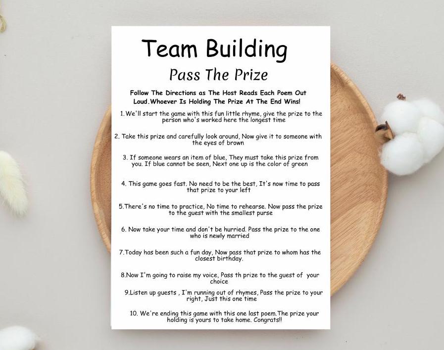 Work Edition Pass the Prize Printable, Office Party Game. Team Building ...