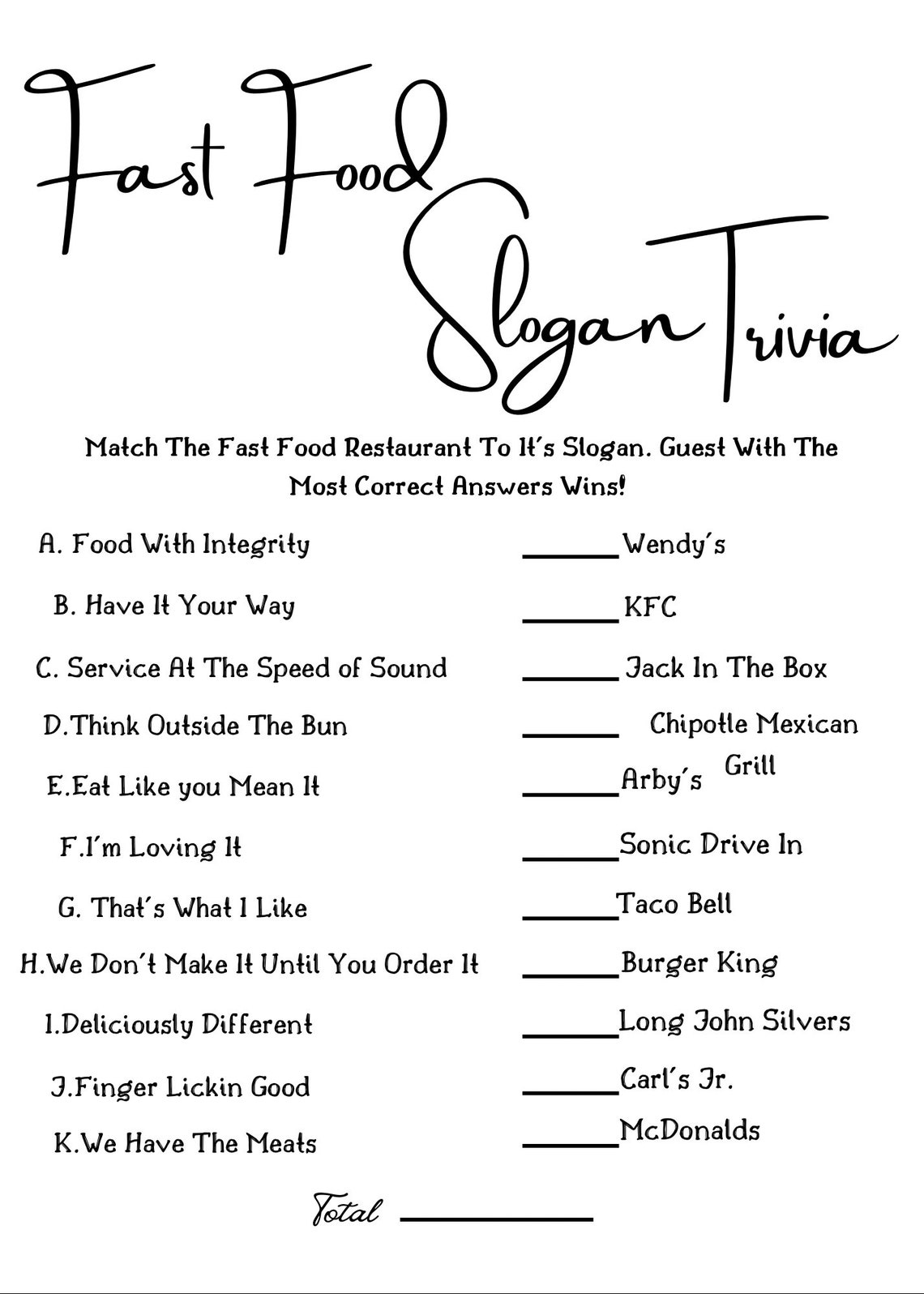 Fast Food Slogan Icebreaker Game | Fast Food Trivia | Ice Breaker ...