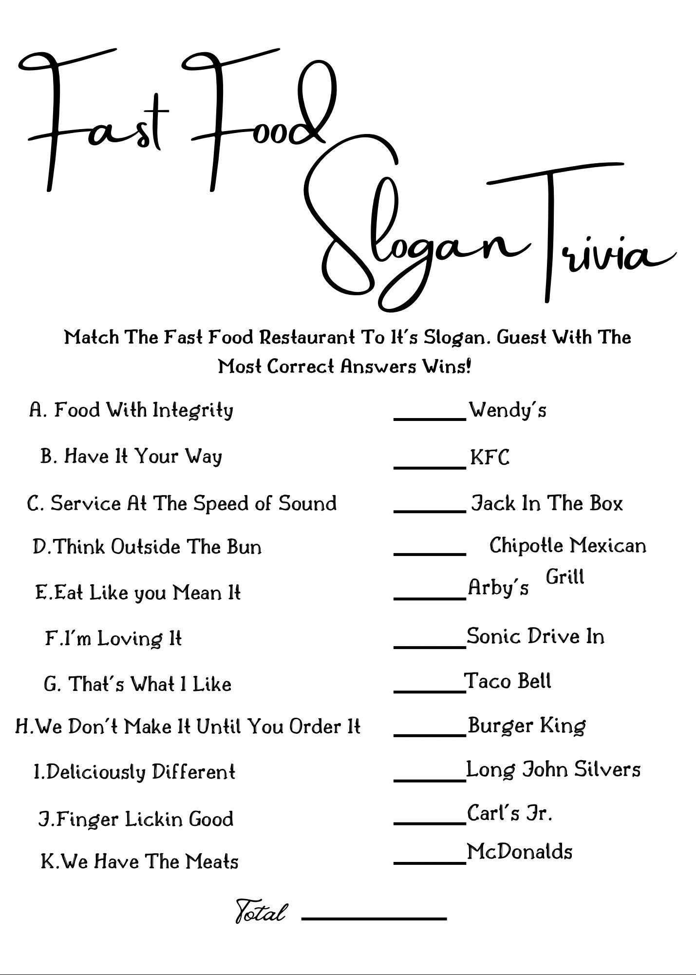 Fast Food Slogan Trivia Game: Icebreaker Party Fun (digital Download ...
