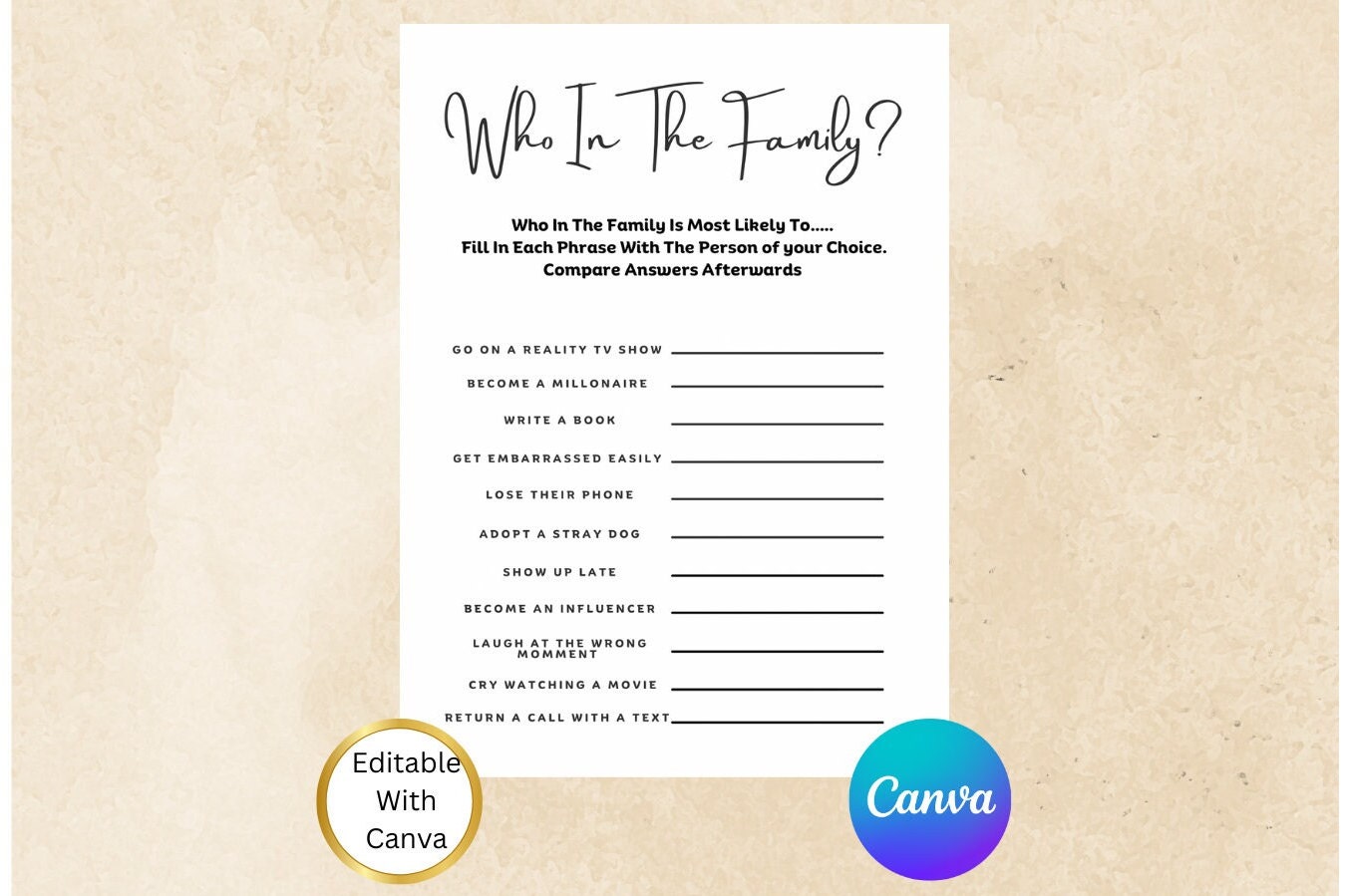 Who in the Family Game | Family Reunion Printable Game | for the Family ...