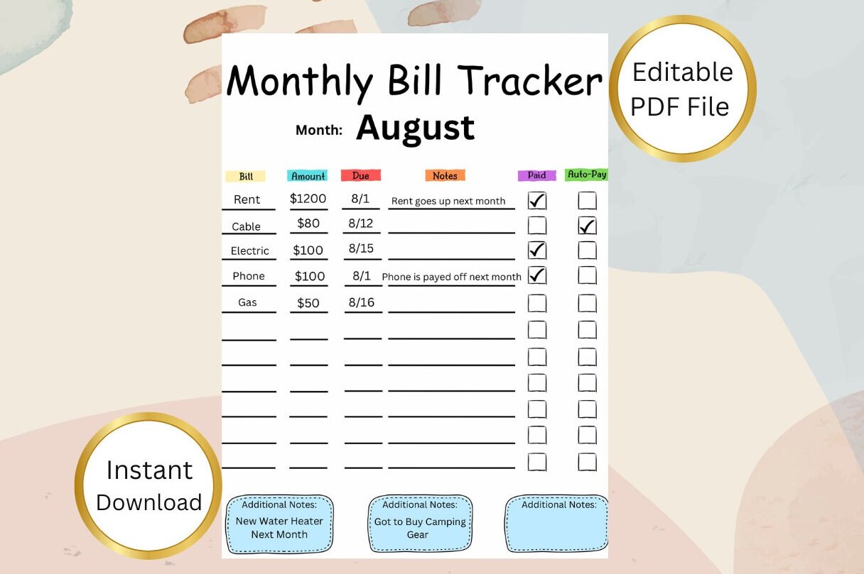 Editable Monthly Bill Tracker | Printable Bill Management Log | Bill ...