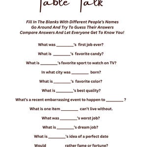 Table Talk Icebreaker Game: Printable Conversation Starters (PDF) - Etsy