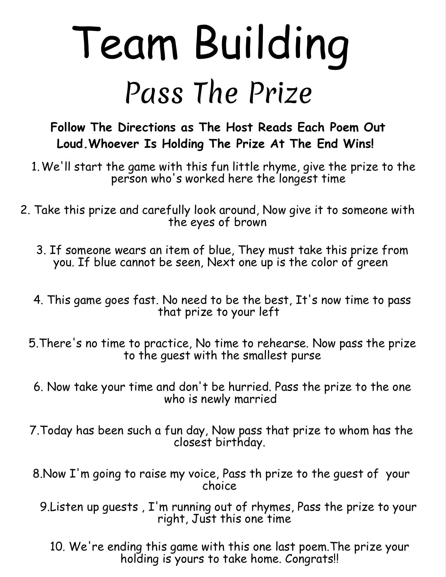 Work Edition Pass the Prize Printable, Office Party Game. Team Building ...