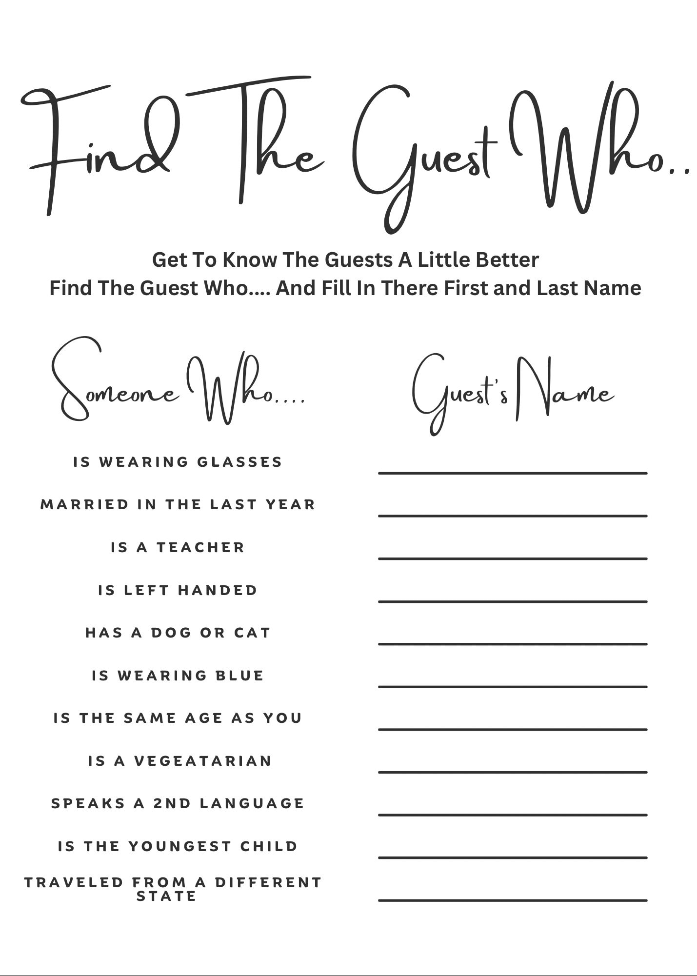 Find The Guest Icebreaker Game Icebreaker Printable Games Etsy