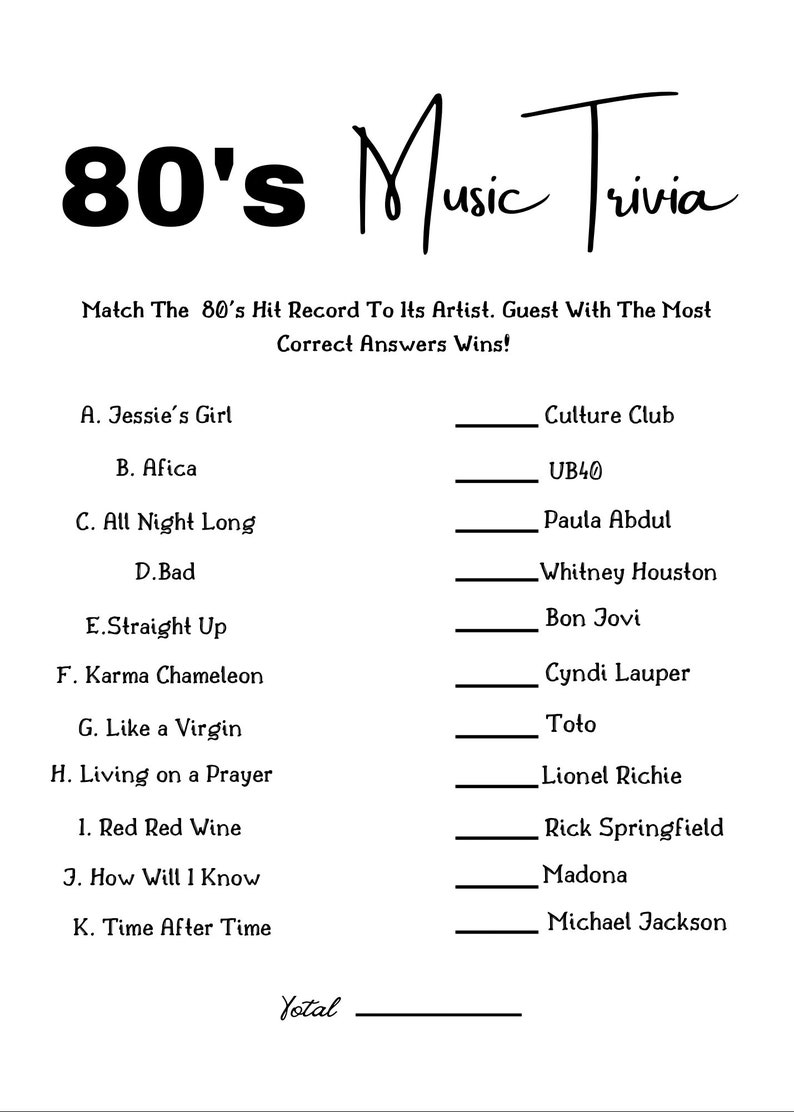 80s Music Trivia Icebreaker Game | 80s Activities | 1980's Party Games ...