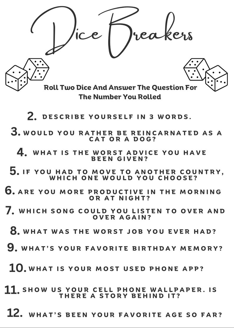 Dicebreakers Icebreaker Game: Printable Conversation Starters (instant ...