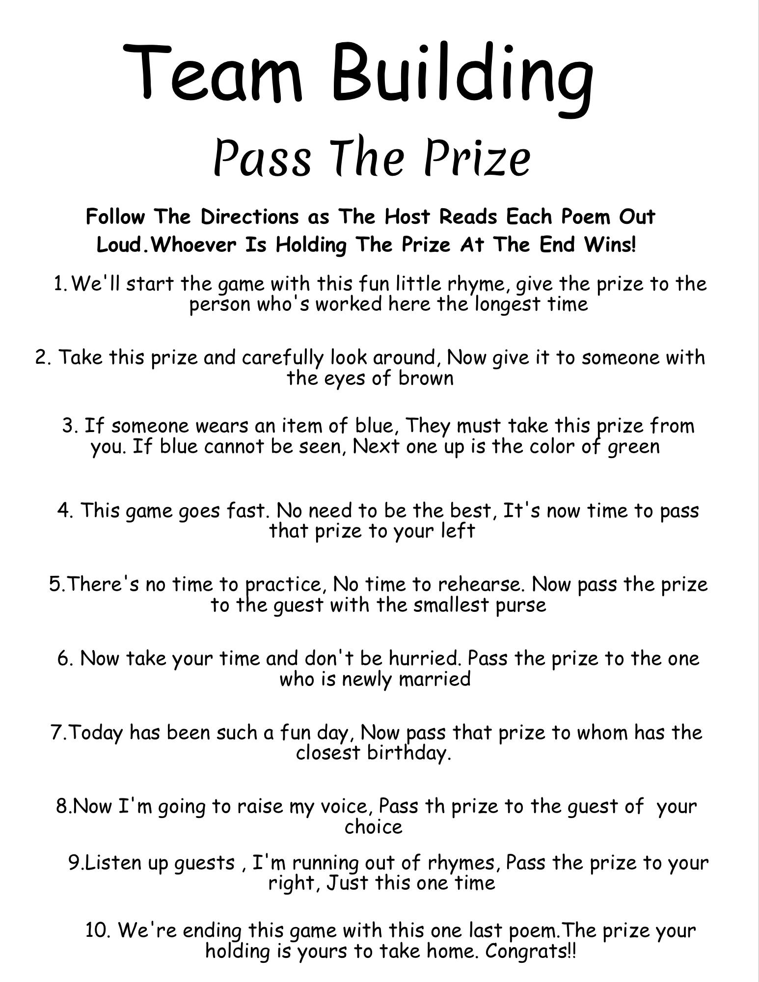 Work Edition Pass the Prize Printable, Office Party Game. Team Building ...