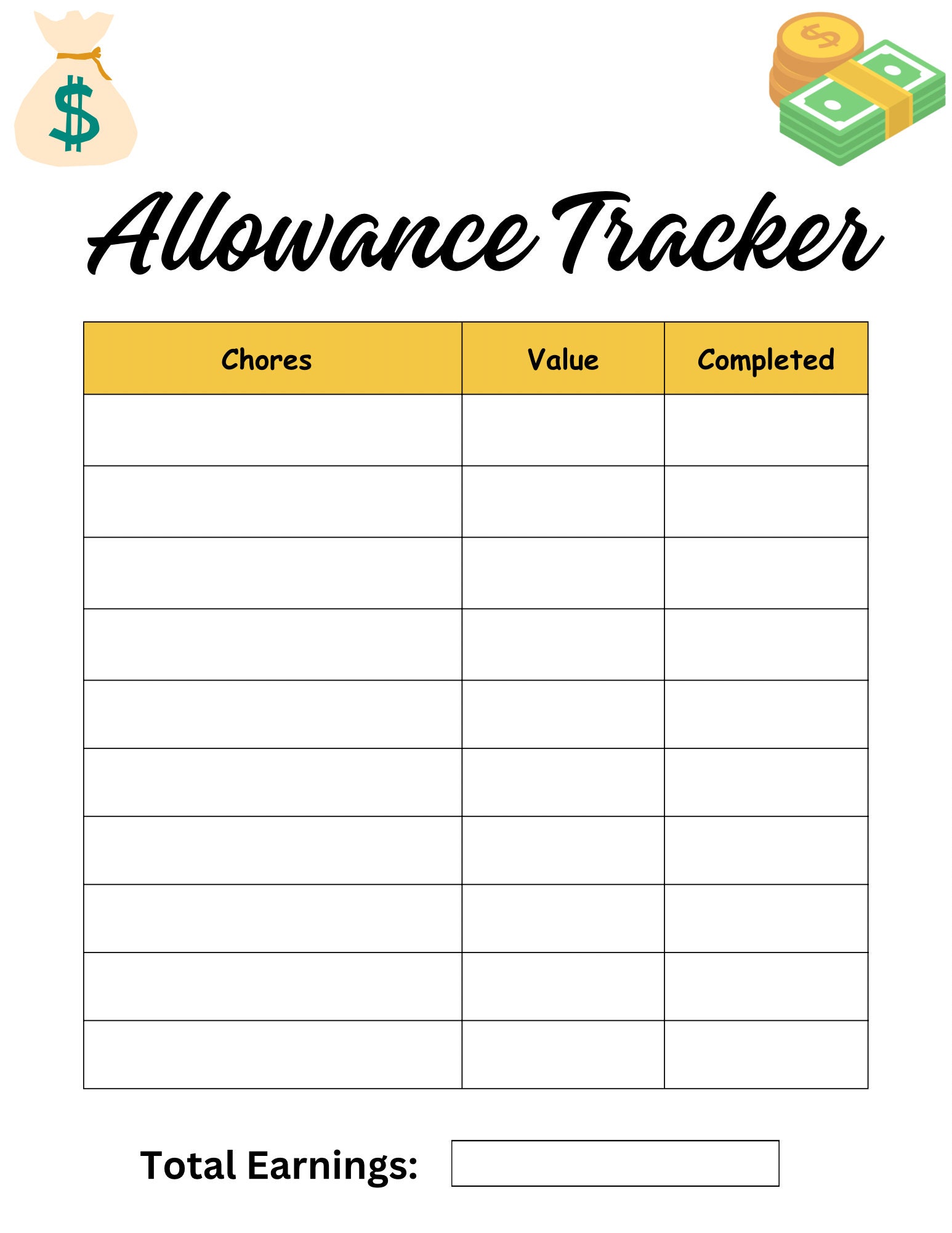 Editable Allowance Chore Chart | Minimal Printable Chore Chart for Kids ...