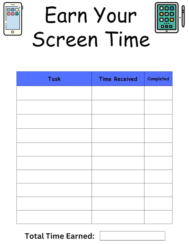 Printable Screen Time Tracker Screen Time Chart Checklist for Kids ...