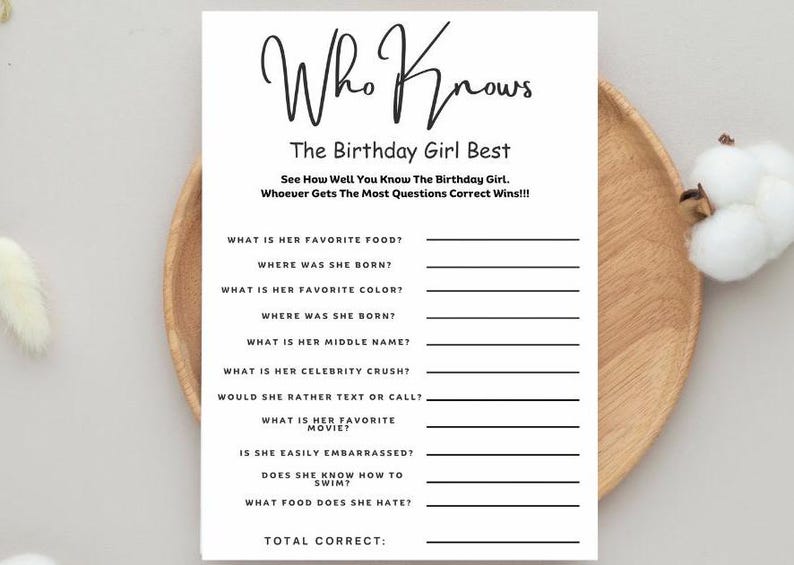 Printable Birthday Party Game, Who Knows Her Best, Guess Who the ...