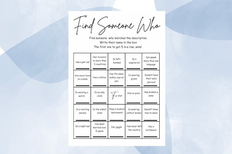 Find Someone Who Bingo Icebreaker: Printable Party Game (PDF) - Etsy
