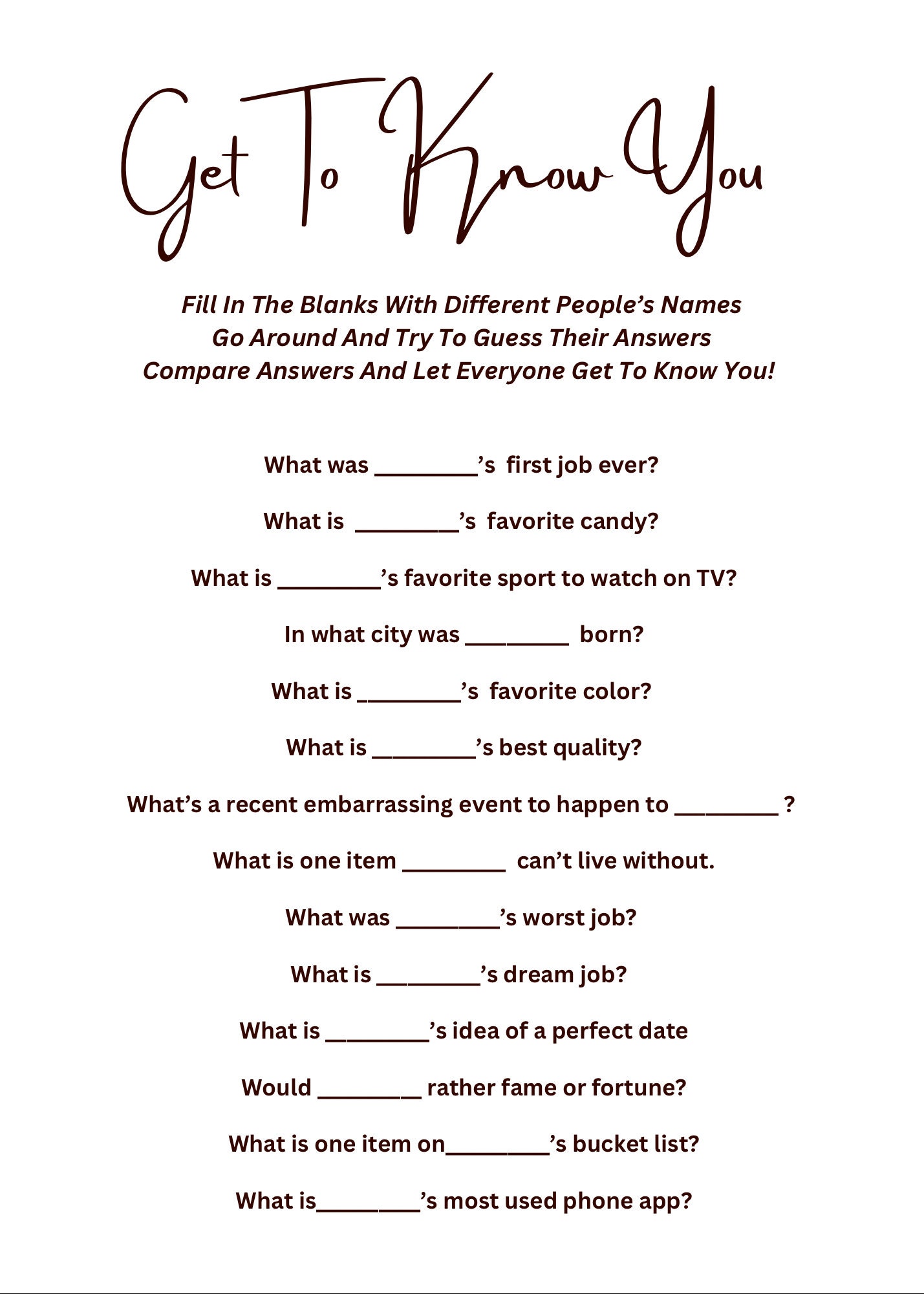 Get to Know You Icebreaker Game, Icebreaker Questions, Dinner Party ...