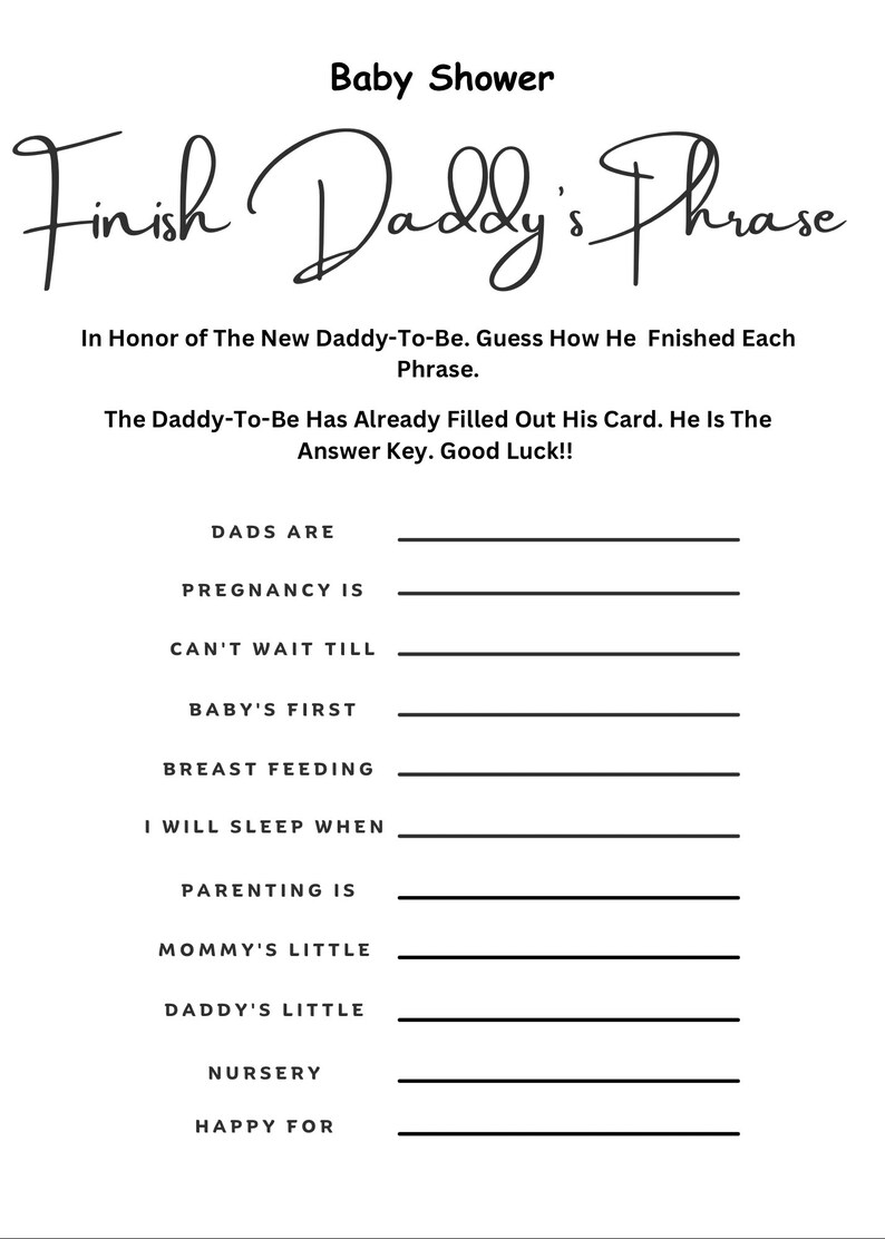 Finish Daddy's Phrase Baby Shower Game | Gender Neutral Baby Shower ...