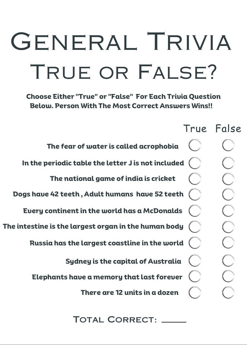 True or False Trivia Printable Icebreaker Game | Trivia Questions | Pub Trivia | Icebreaker ...